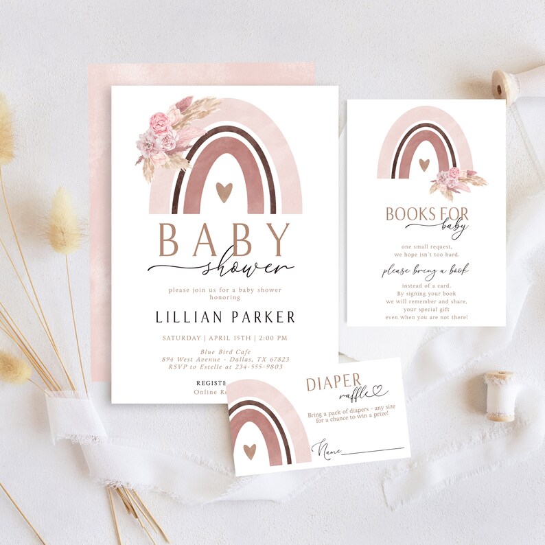 Editable Boho Rainbow Baby Shower Invitation Pink Pampas Grass - Etsy