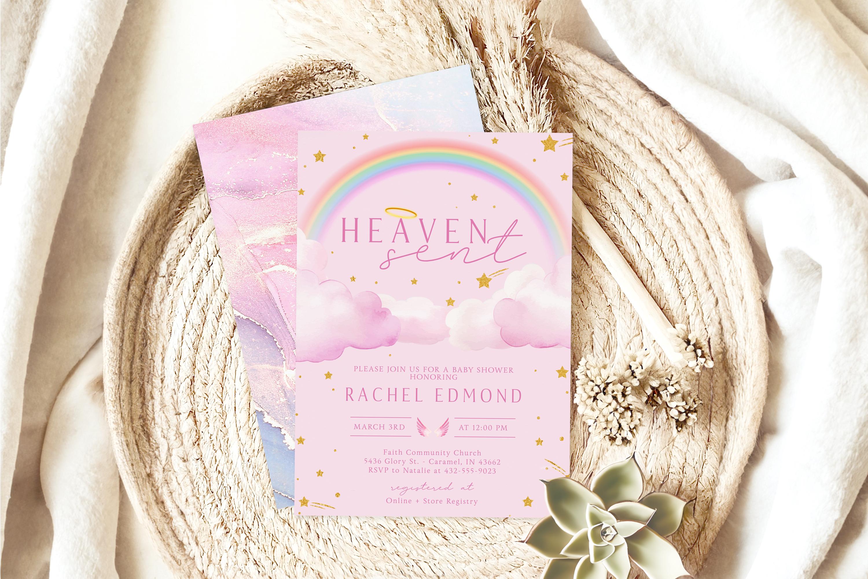 Editable Girl Pink Heaven Sent Baby Shower Invitation Cloud and Rainbow ...