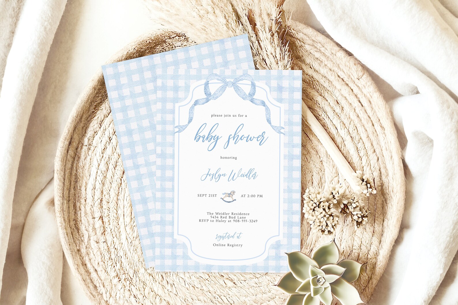 Baby Blue Boy Baby Shower Invite Gingham Baby Shower Invitation Bundle ...