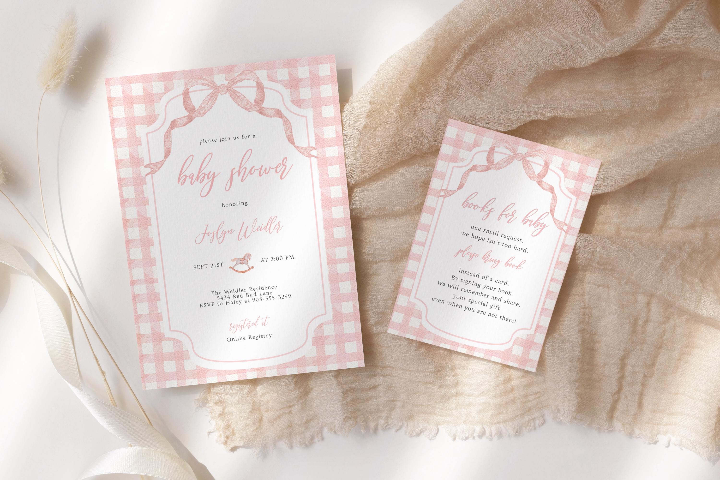 Girl Pastel Pink Baby Shower Invite | Gingham Baby Shower Invitation ...