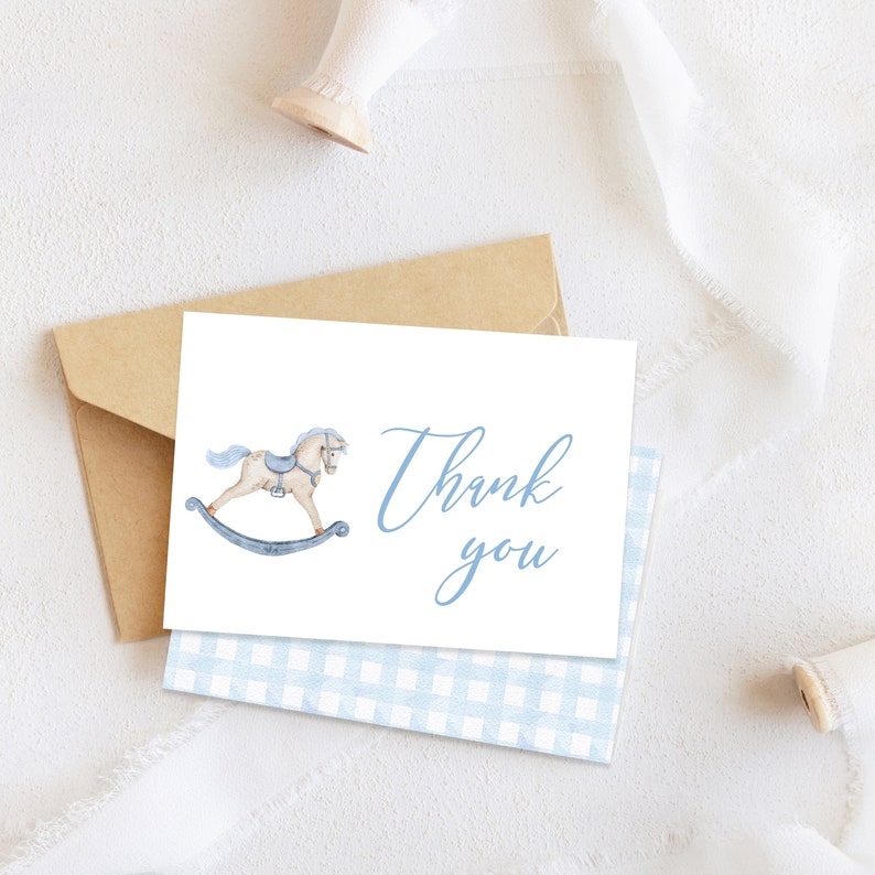 Baby Blue Boy Baby Shower Thank You Card | Gingham Baby Shower Thank ...