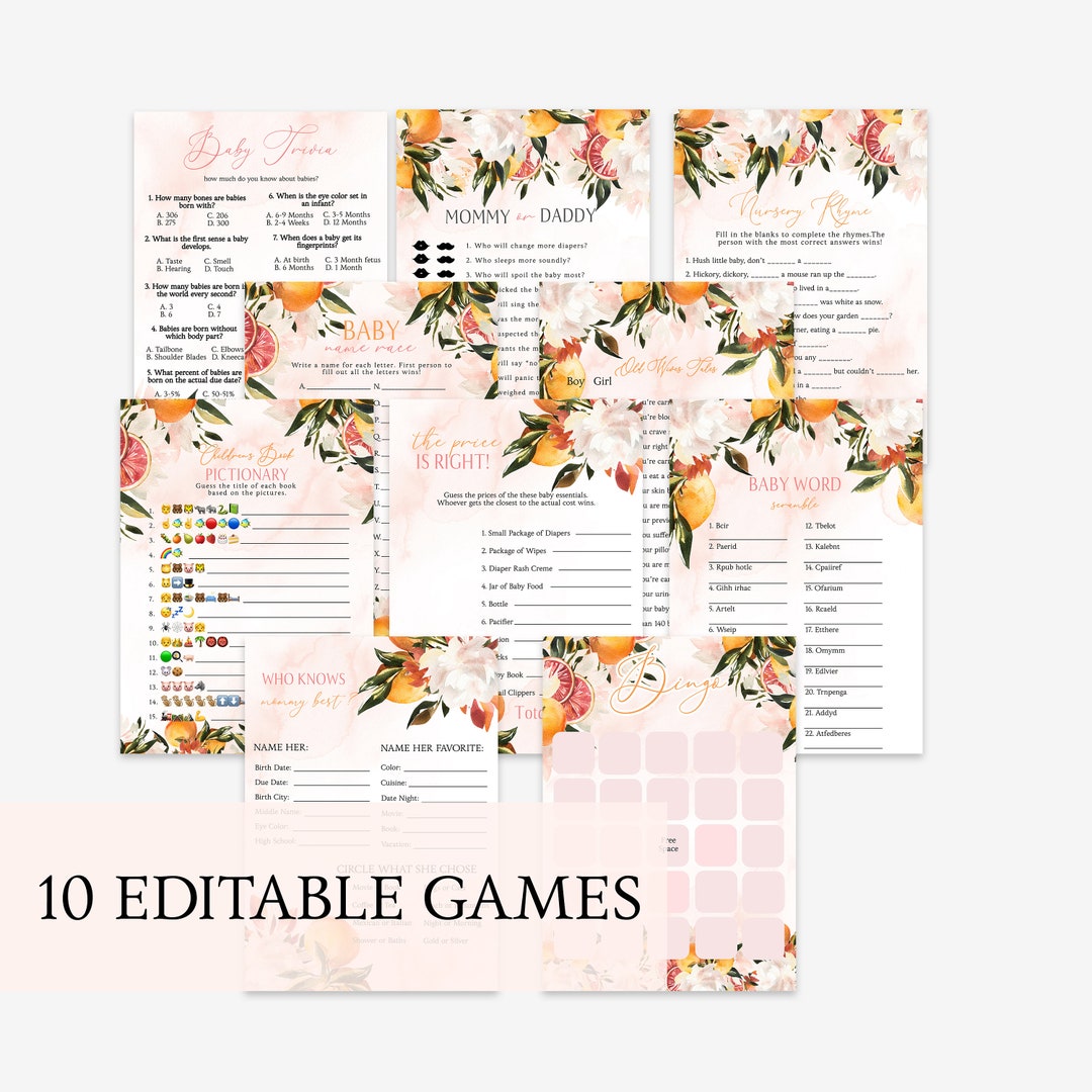 Floral Cutie Baby Shower Game Bundle | Citrus Game Set | Editable ...