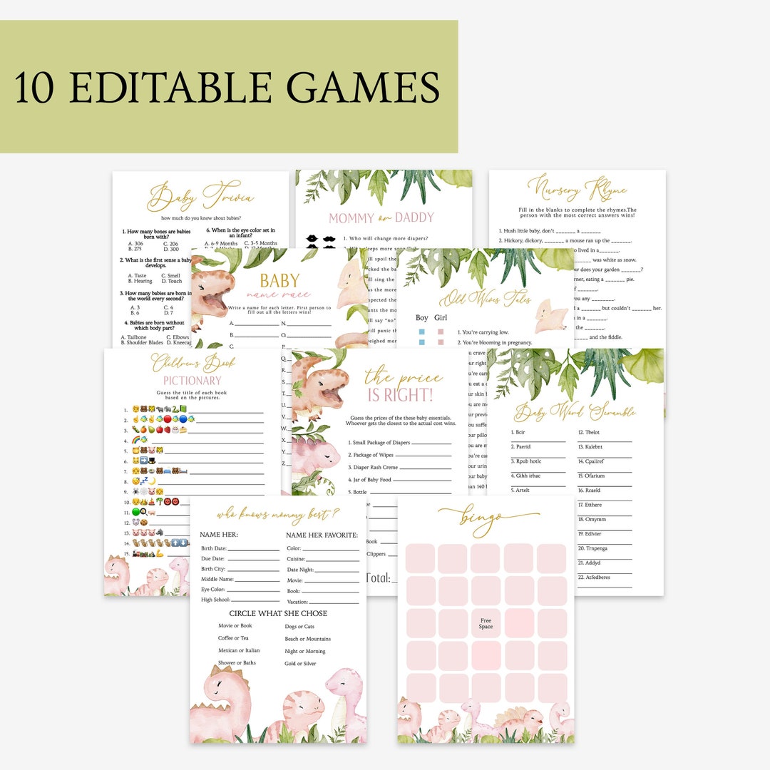 Editable Pink Dinosaur Shower Game Bundle | Game Set | Self Edit ...