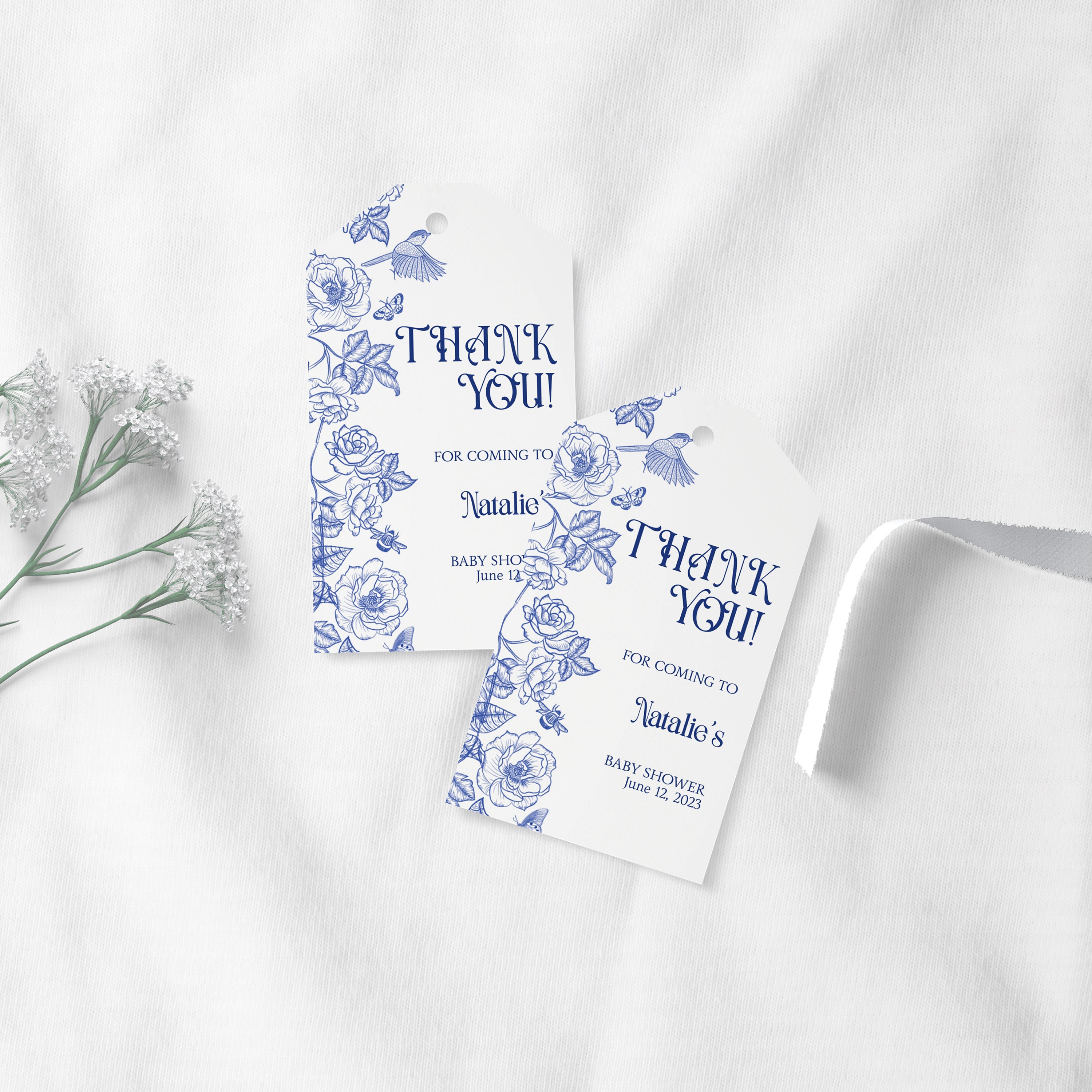 Editable Indigo Chinoiserie Baby Shower Favor Tag, Blue Floral Baby ...