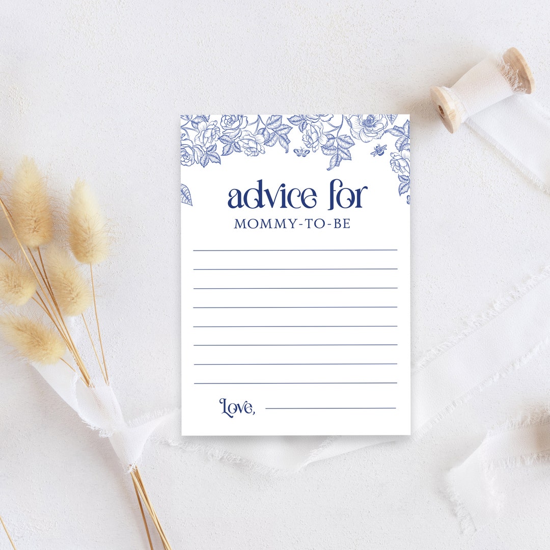Editable Indigo Chinoiserie Baby Shower Advice Card | Blue Floral ...