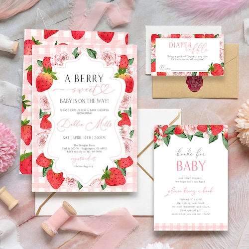Strawberry Baby Shower Invitation Pink Floral Berry Invite - Etsy