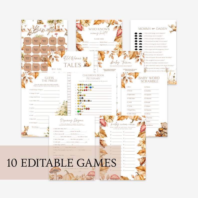 Baby Shower Game Bundle for Fall Woodland Theme | Pumpkin Baby Shower ...