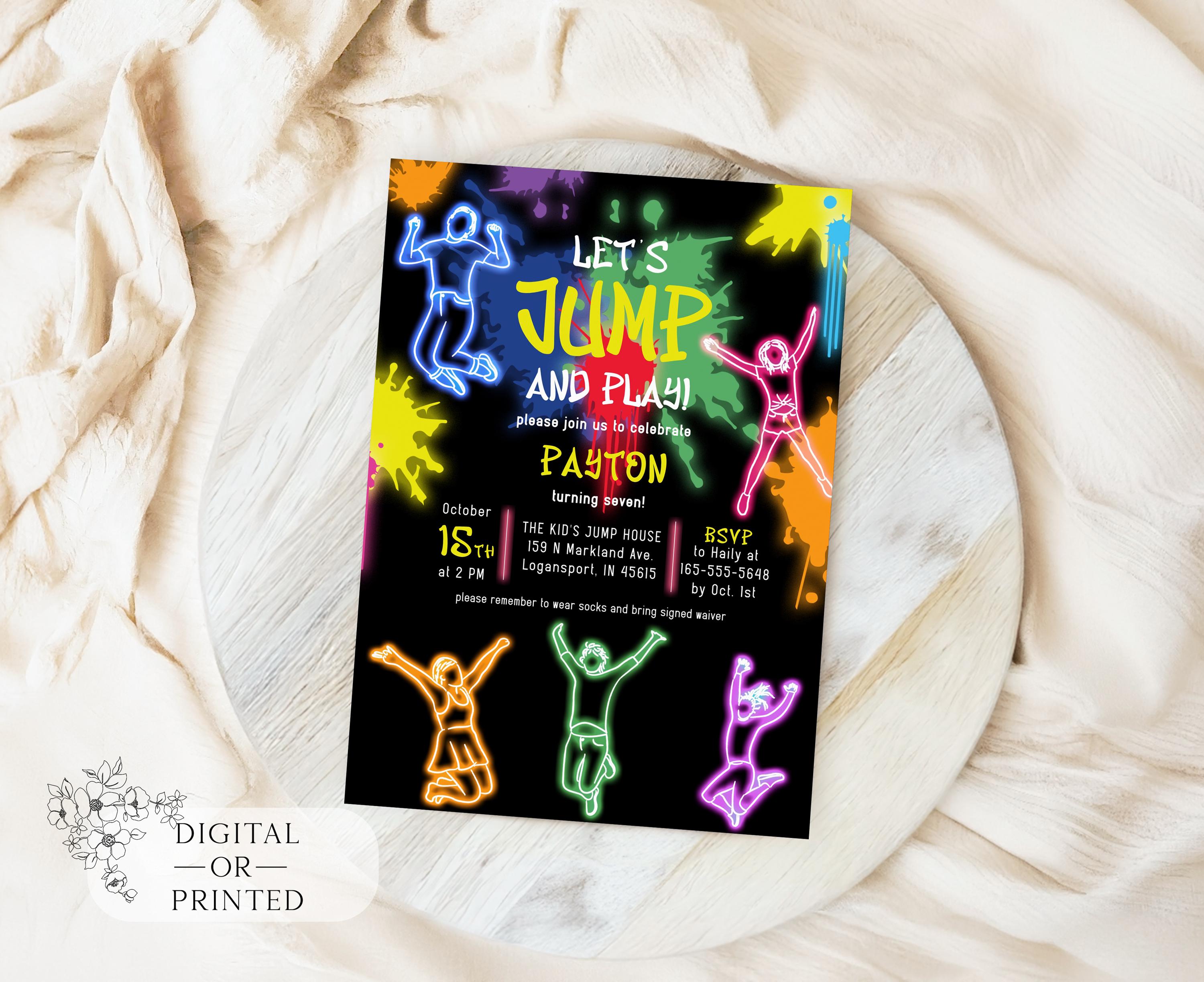Editable Let's Jump Kids Birthday Invitation, Neon Blacklight Glow ...