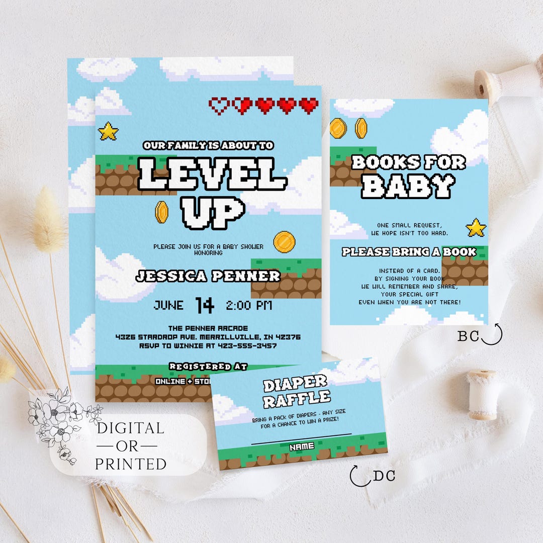 Video Game Boy Baby Shower Invite | Family Level up Baby Shower ...