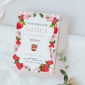 Editable Strawberry First Birthday Party Invitation | Kids Birthday ...