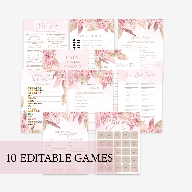 Editable Pink Boho Baby Shower Game Bundle Game Set Self Edit Template ...