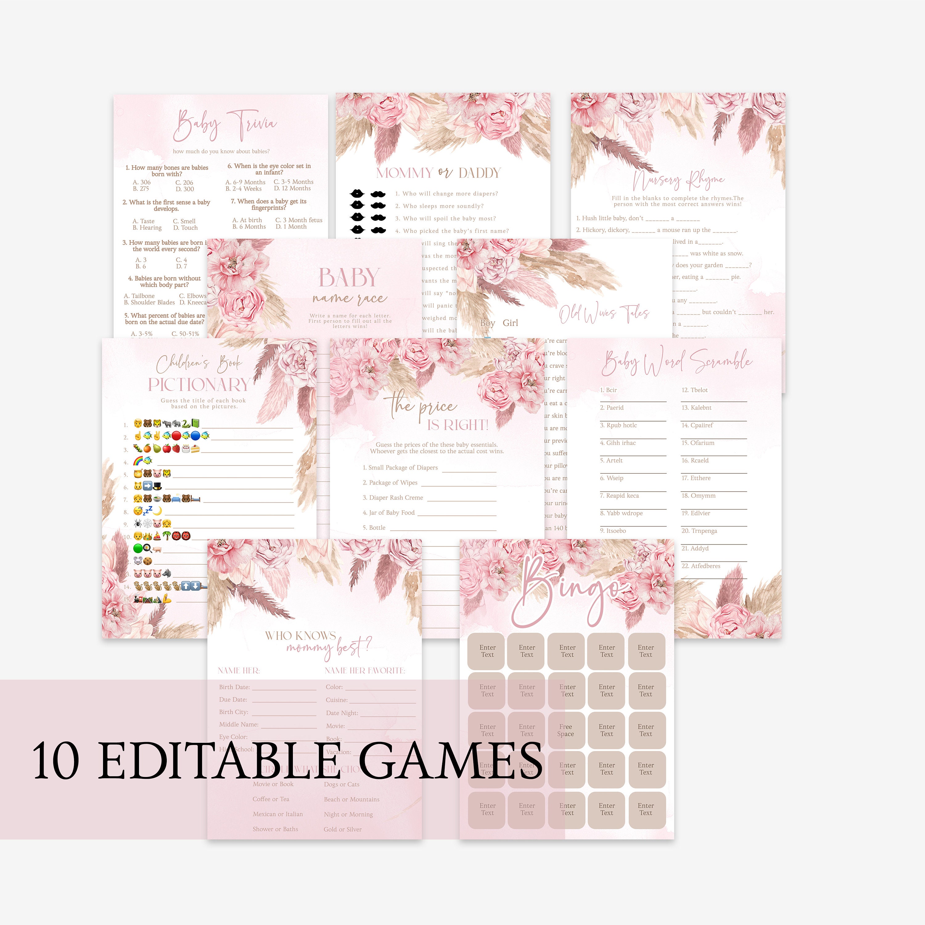 Editable Pink Boho Baby Shower Game Bundle | Game Set | Self Edit ...