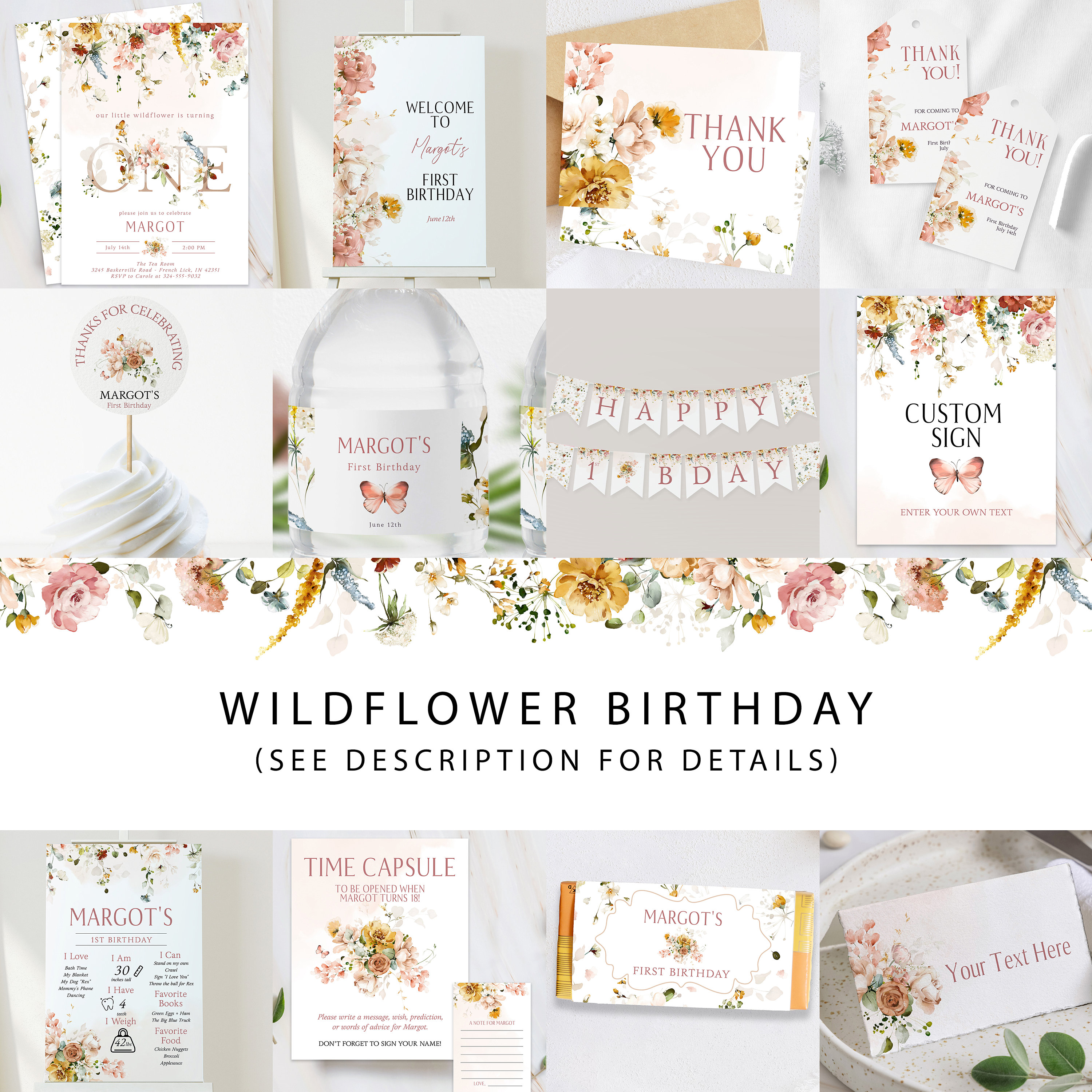 Editable Wildflower and Butterfly Birthday Invitation Bundle | Party ...