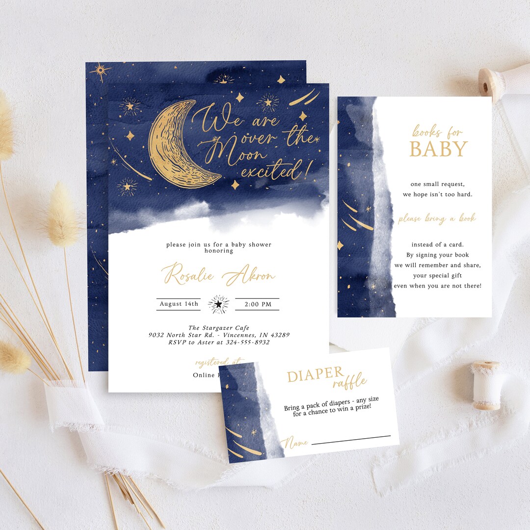 Editable Over the Moon Baby Shower Invitation Template, Blue Twinkle ...