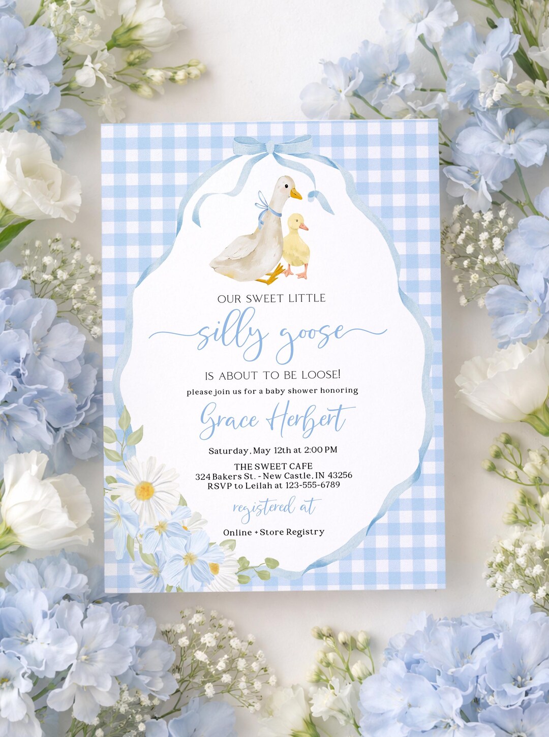 Editable Silly Goose Baby Shower Invite for Boys, Baby Blue Gingham ...