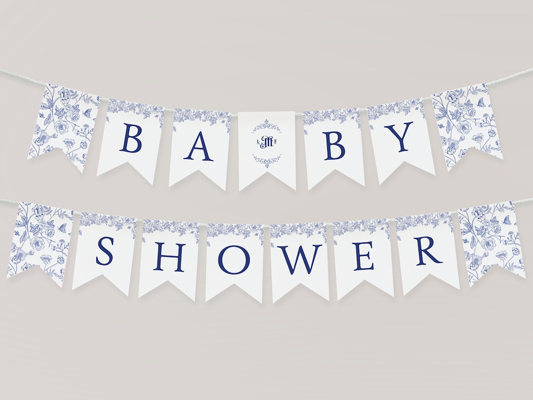 Editable Indigo Chinoiserie Baby Shower Banner | Blue Floral Monogram ...