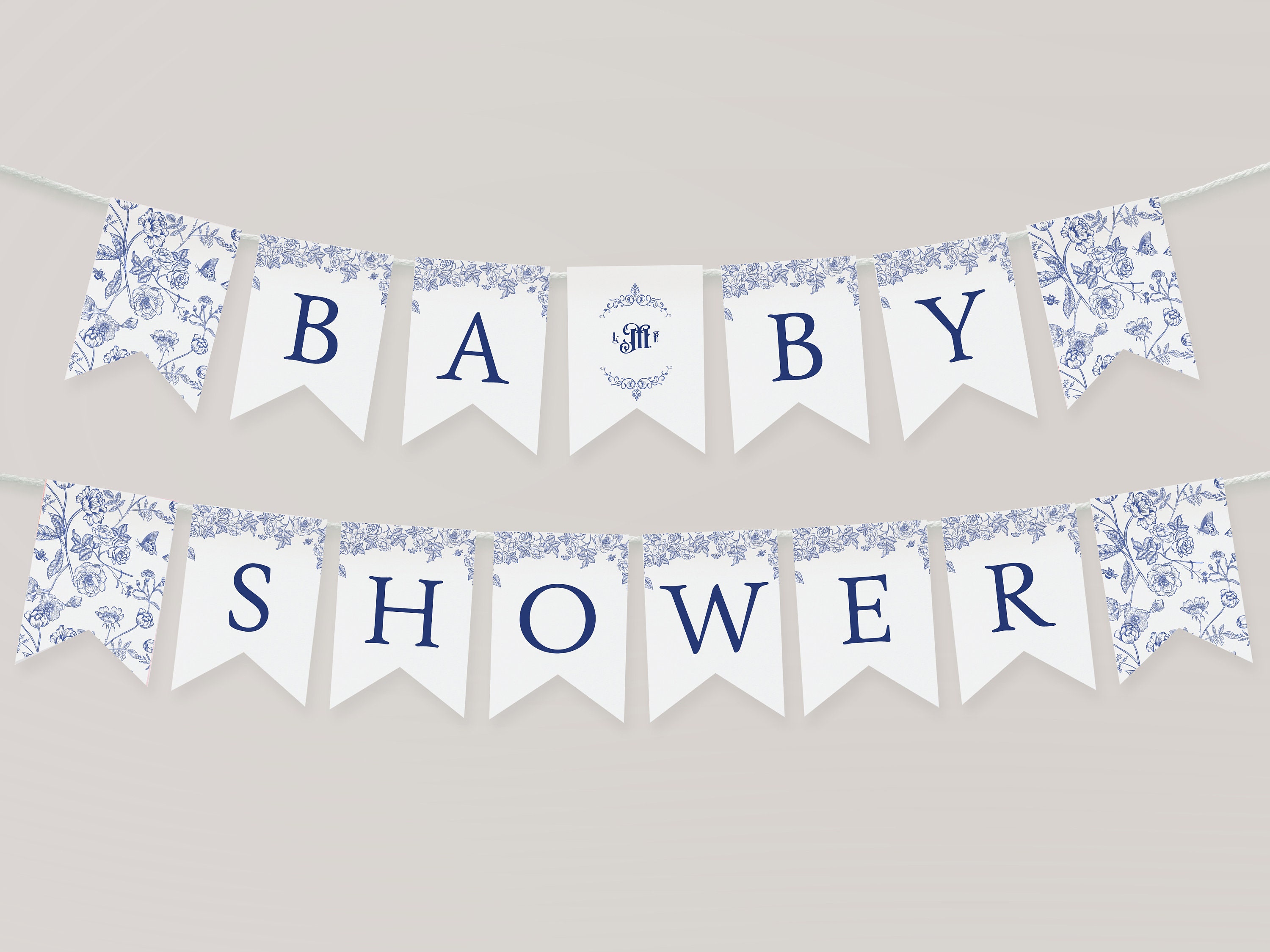 Editable Indigo Chinoiserie Baby Shower Banner Blue Floral Monogram ...