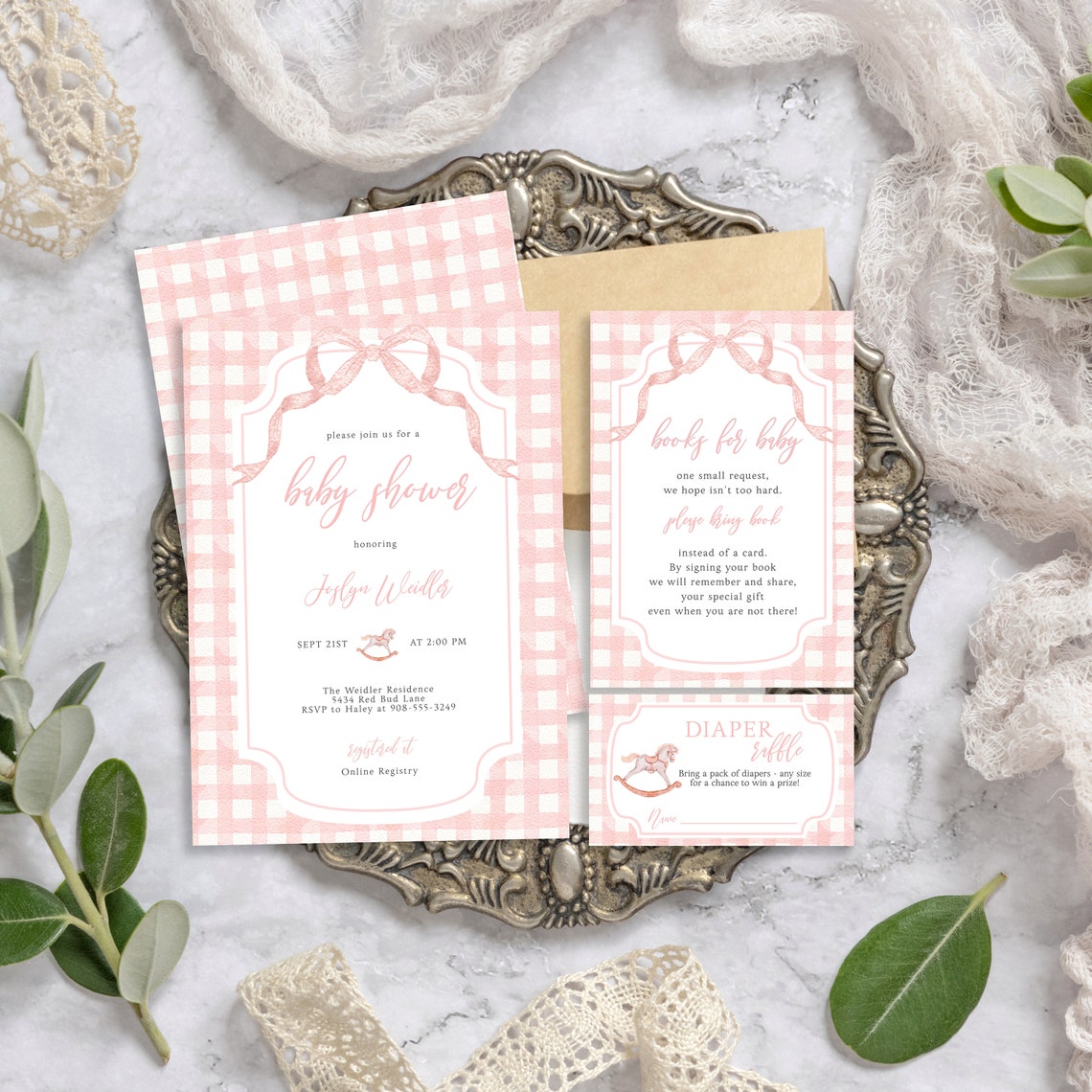 Girl Pastel Pink Baby Shower Invite Gingham Baby Shower Invitation ...