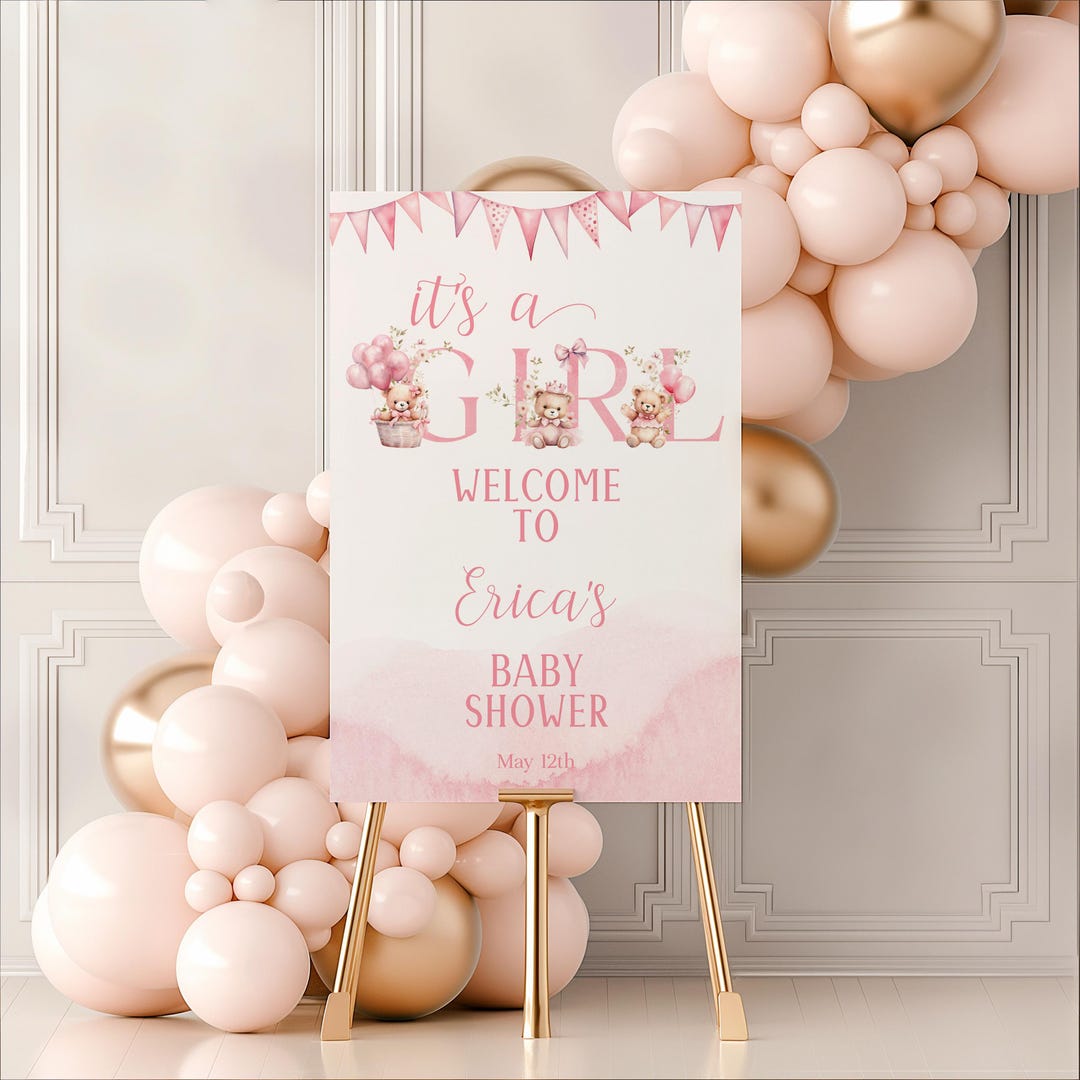 Editable It's Girl Teddy Bear Baby Shower Welcome Sign | Pink Floral ...