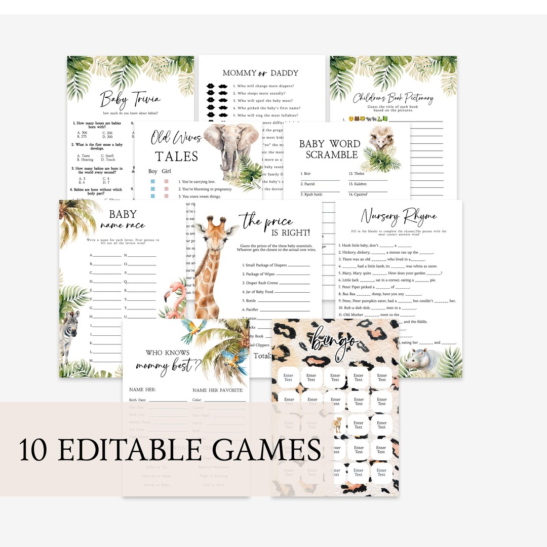 Editable Safari Baby Shower Game Set | Wild Jungle Adventure Animal ...