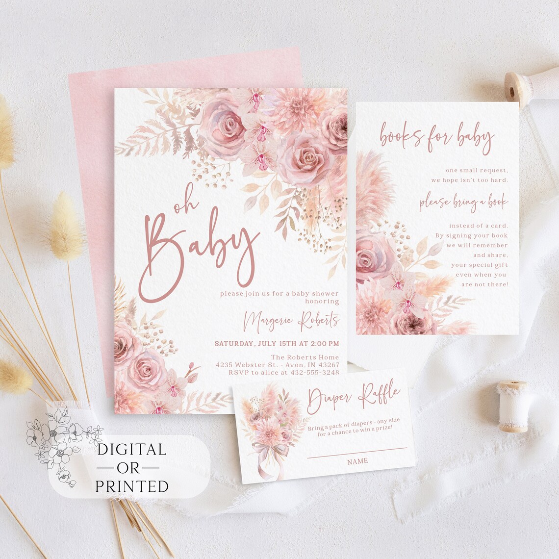 Boho Baby Shower Invite | Oh Baby Shower Invitation | Blush Pink Floral ...