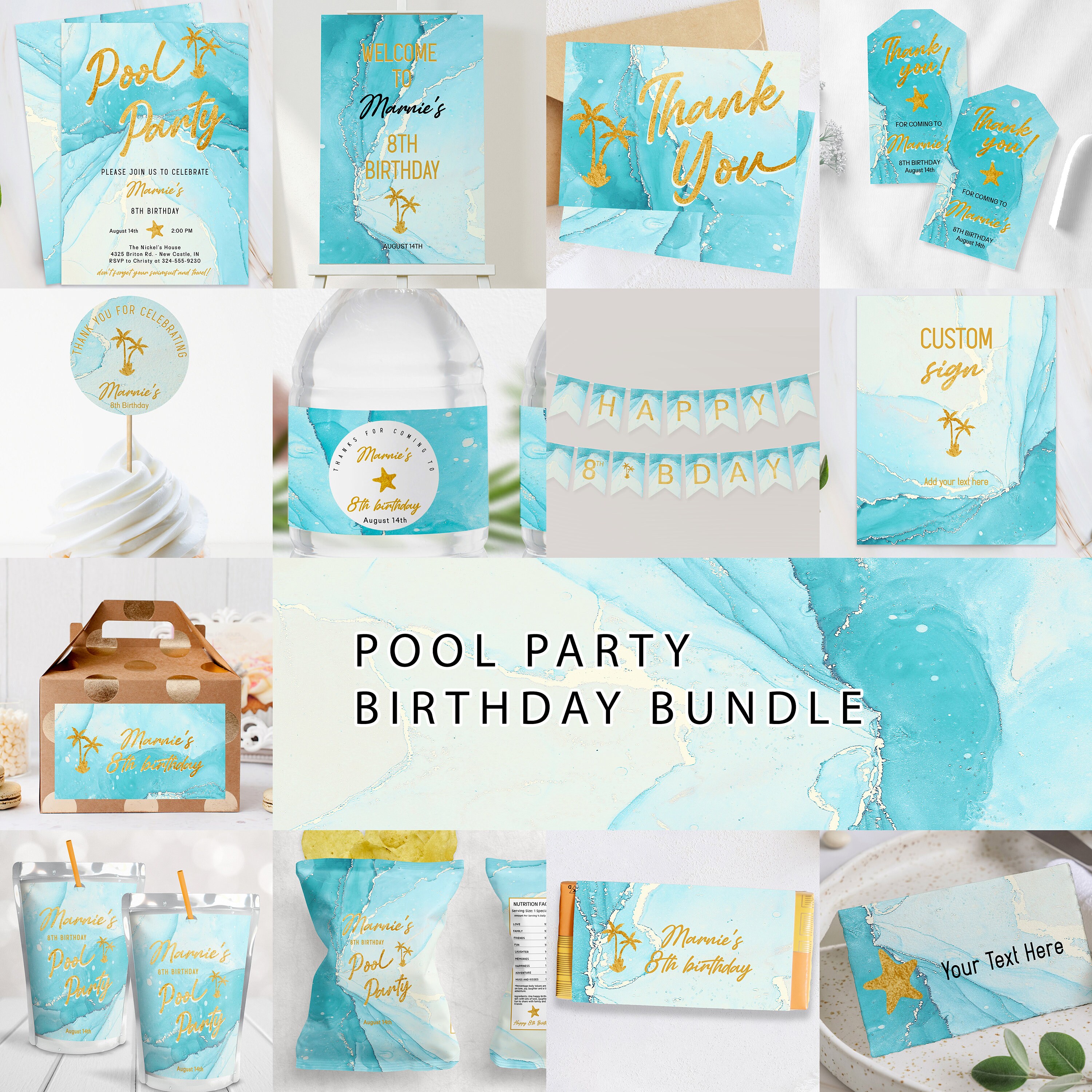 Editable Pool Party Kids Birthday Bundle Sky Blue Swimming - Etsy