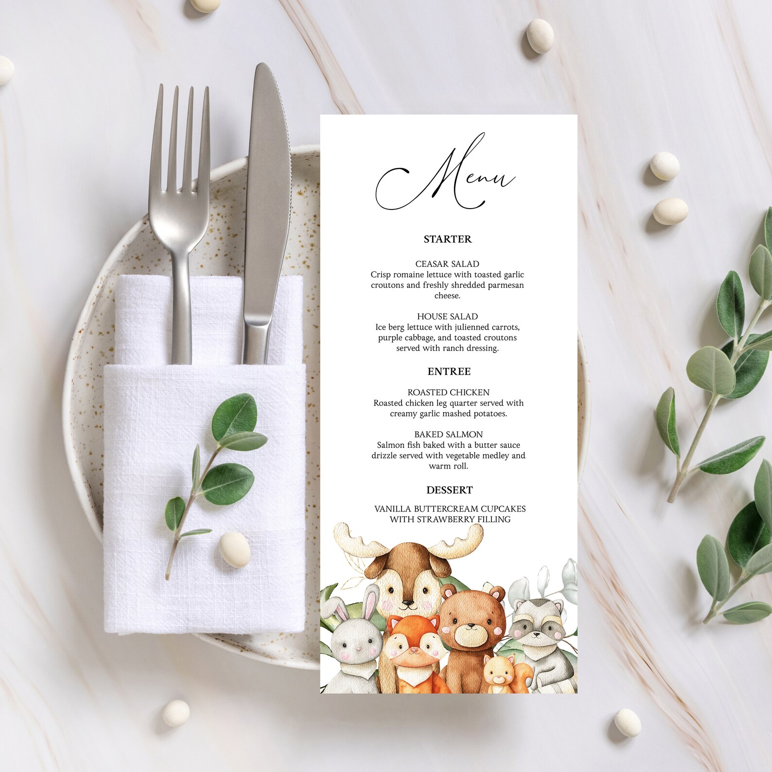 Editable Woodland Forest Animals Baby Shower Menu | Greenery Baby ...