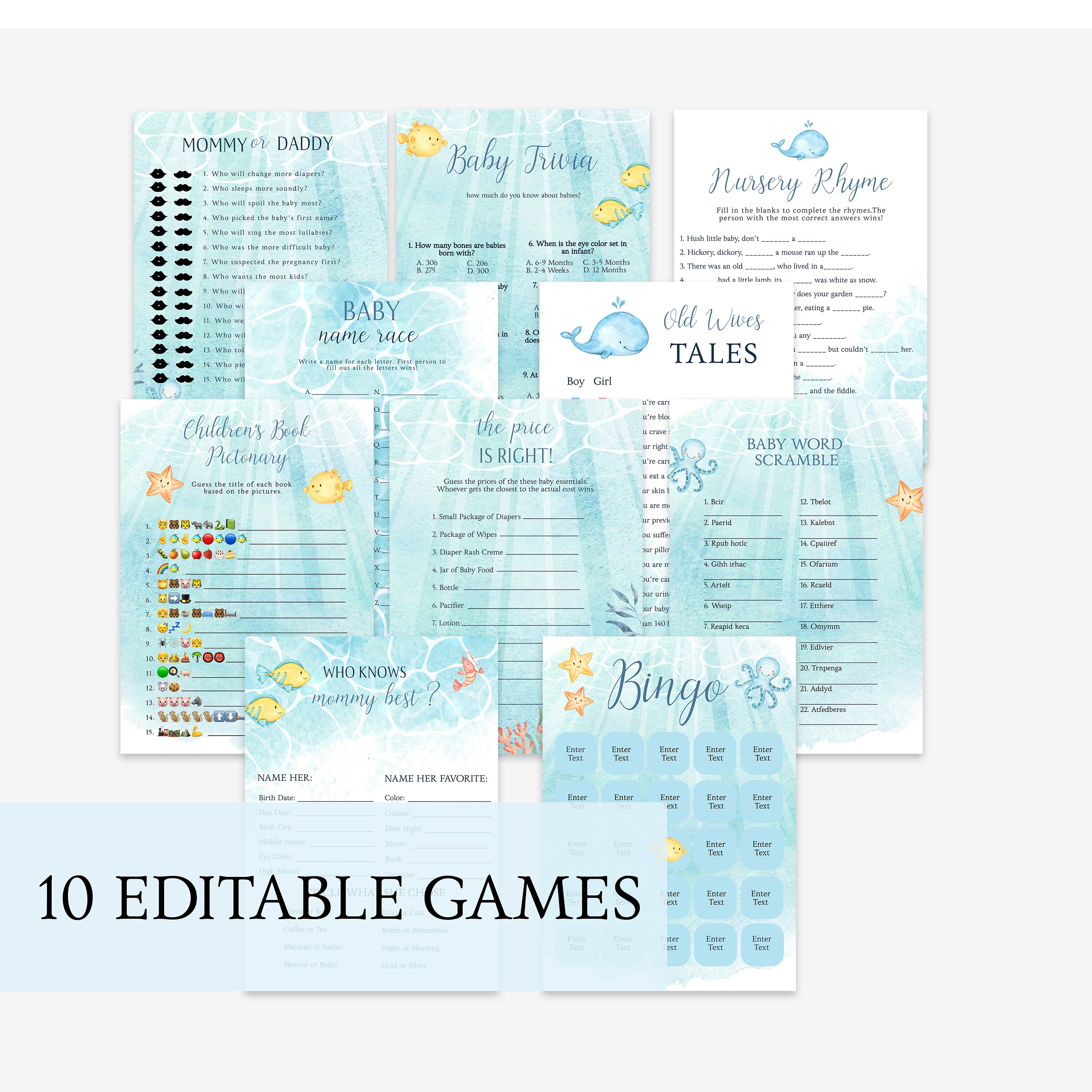 Editable Under the Sea Baby Shower Game Bundle Game Set Self Edit ...