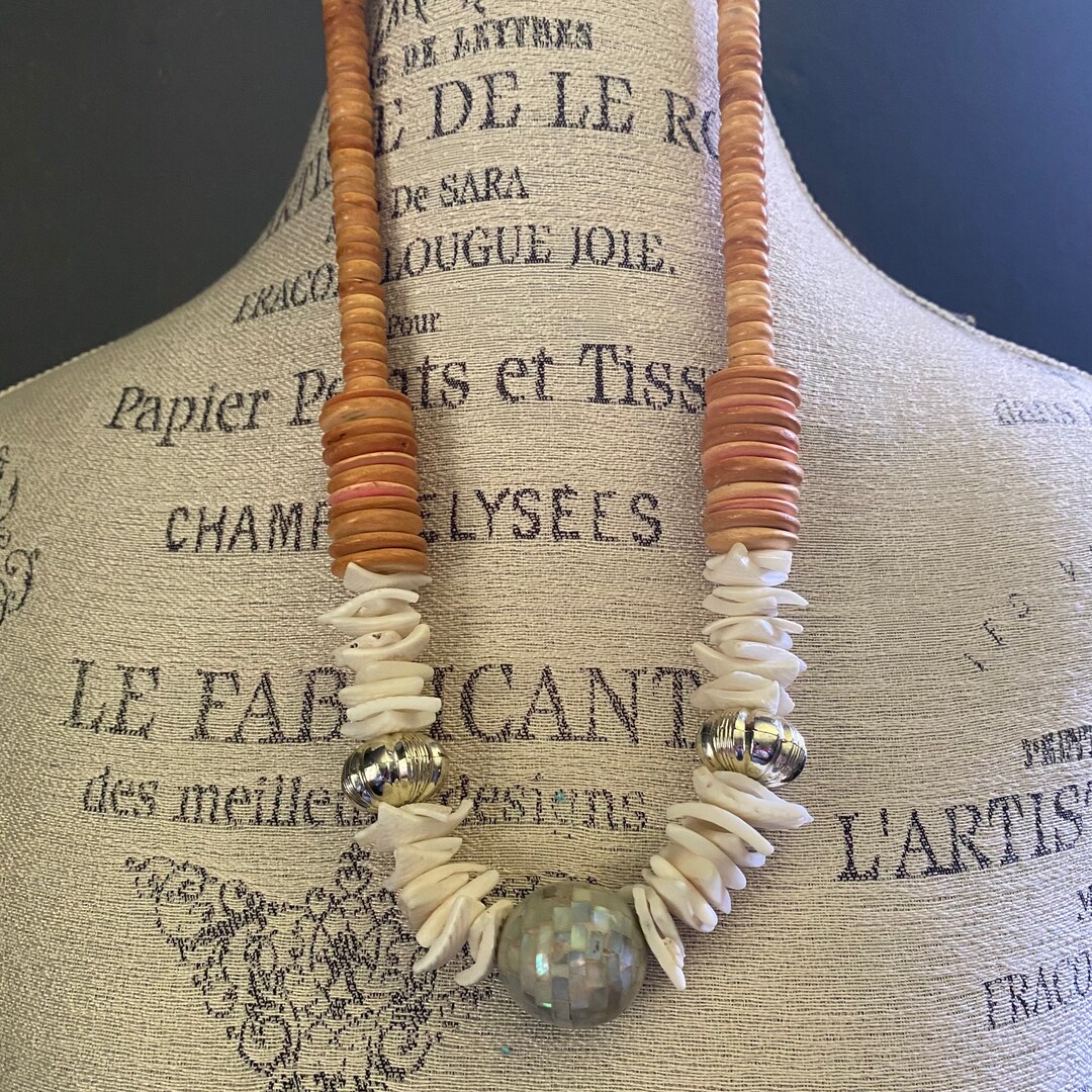Vintage 1970s Wooden and Shell Disc Necklace With Beads - Etsy