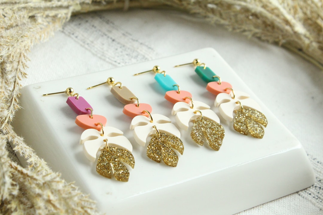Neutral Boho Ivory and Gold Neutral Monstera Leaf Acrylic Earrings ...