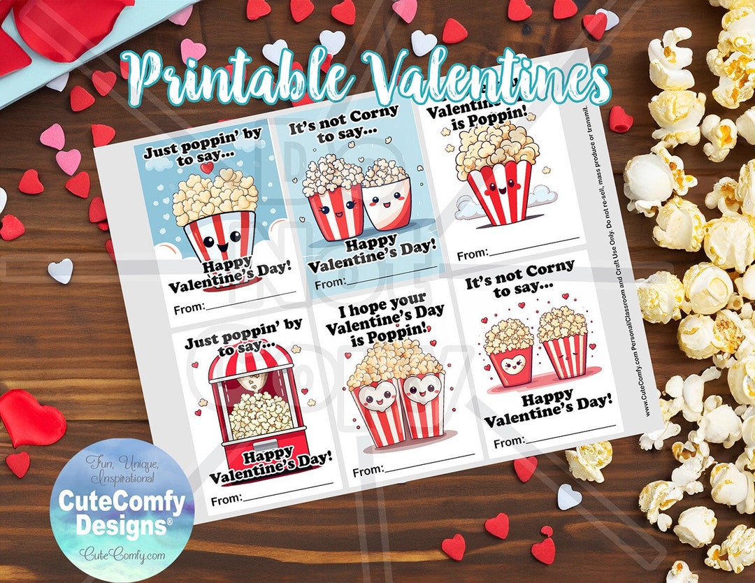 Cute Popcorn Printable Valentines Cards for Kids, Classroom Valentines ...