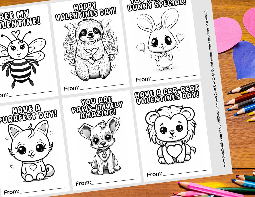 Animal Coloring Valentines Cards, Classroom Party Teacher Student ...
