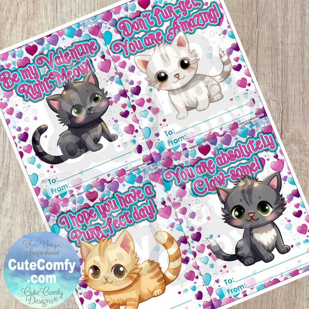 Cute Kitten Printable Valentine Cards, Classroom Valentines Day Cats ...