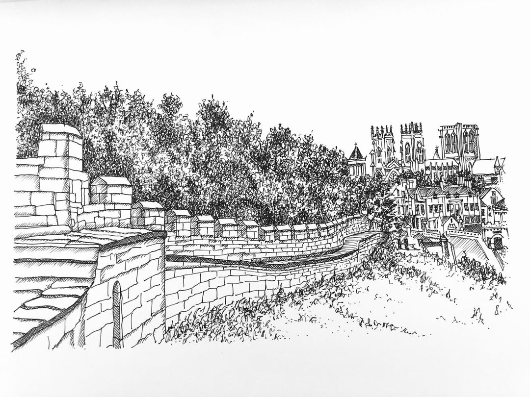 York Minster Hand Drawn Illustration, Castle Walls, York, North ...
