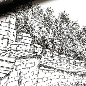 York Minster Hand Drawn Illustration, Castle Walls, York, North ...