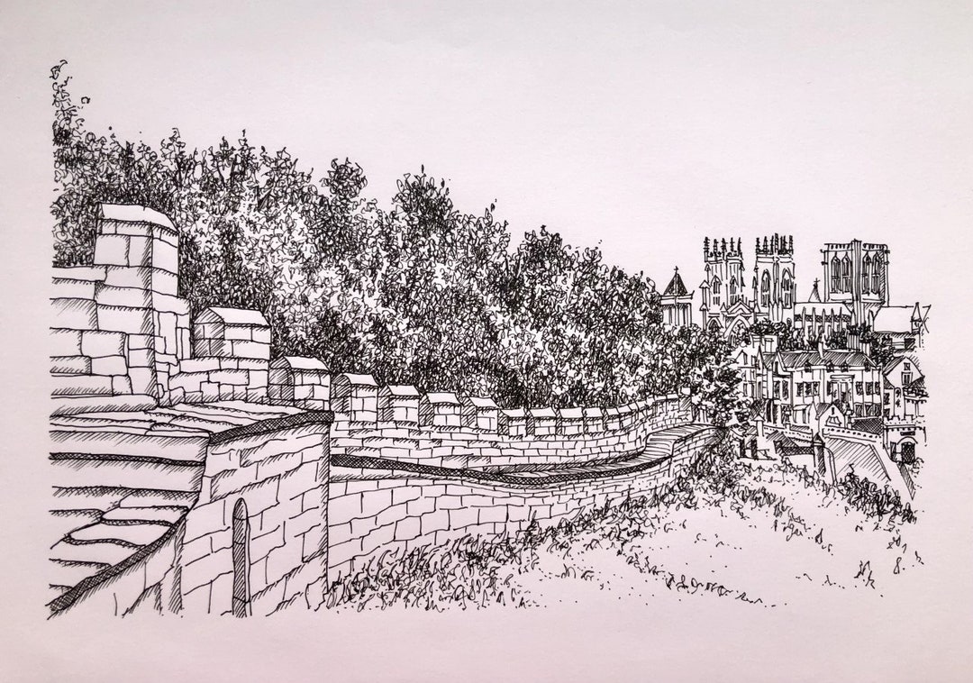 York Minster Hand Drawn Illustration, Castle Walls, York, North ...