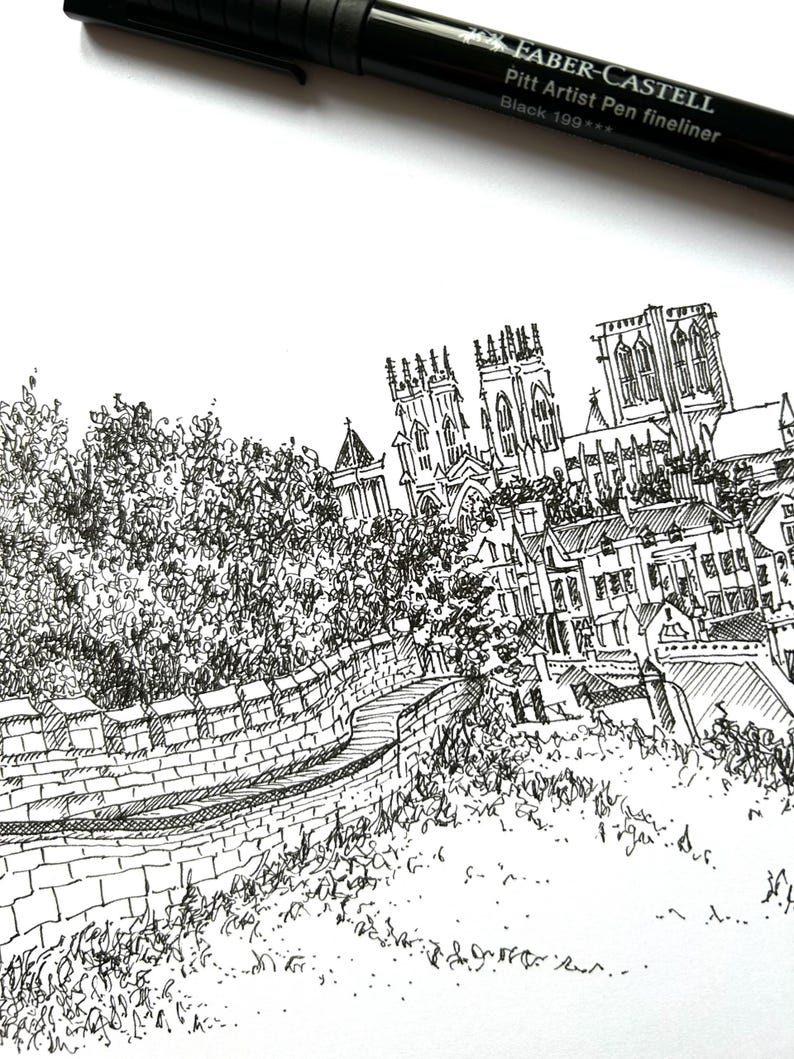 York Minster Hand Drawn Illustration, Castle Walls, York, North ...
