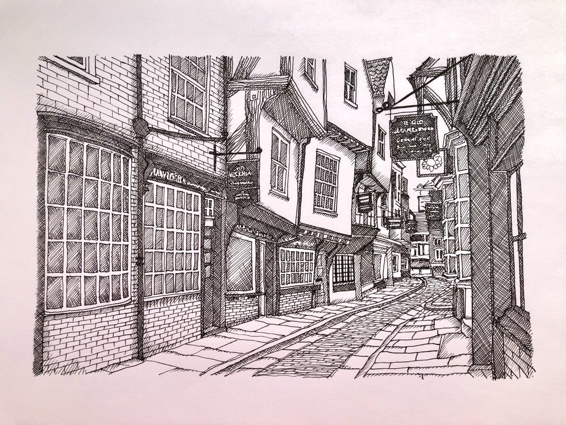 The Shambles, York, Hand Drawn Illustration, Pen and Ink Drawing ...