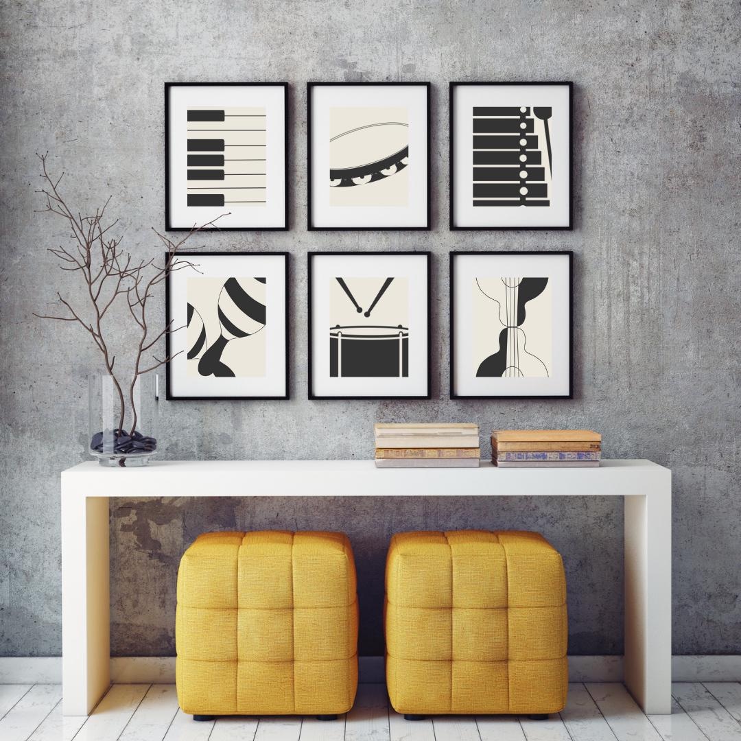 Minimalist Music Prints: Elegant Black and White Instrument Art (set of ...