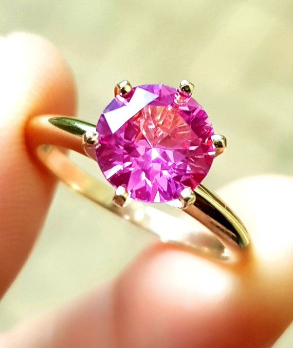 Genuine VS Pink Sapphire Solitaire Ring Solid 14K Yellow Gold Engagement. Pink Diamond Alternative. Wedding Ring. Round Dark Pink Jewelry