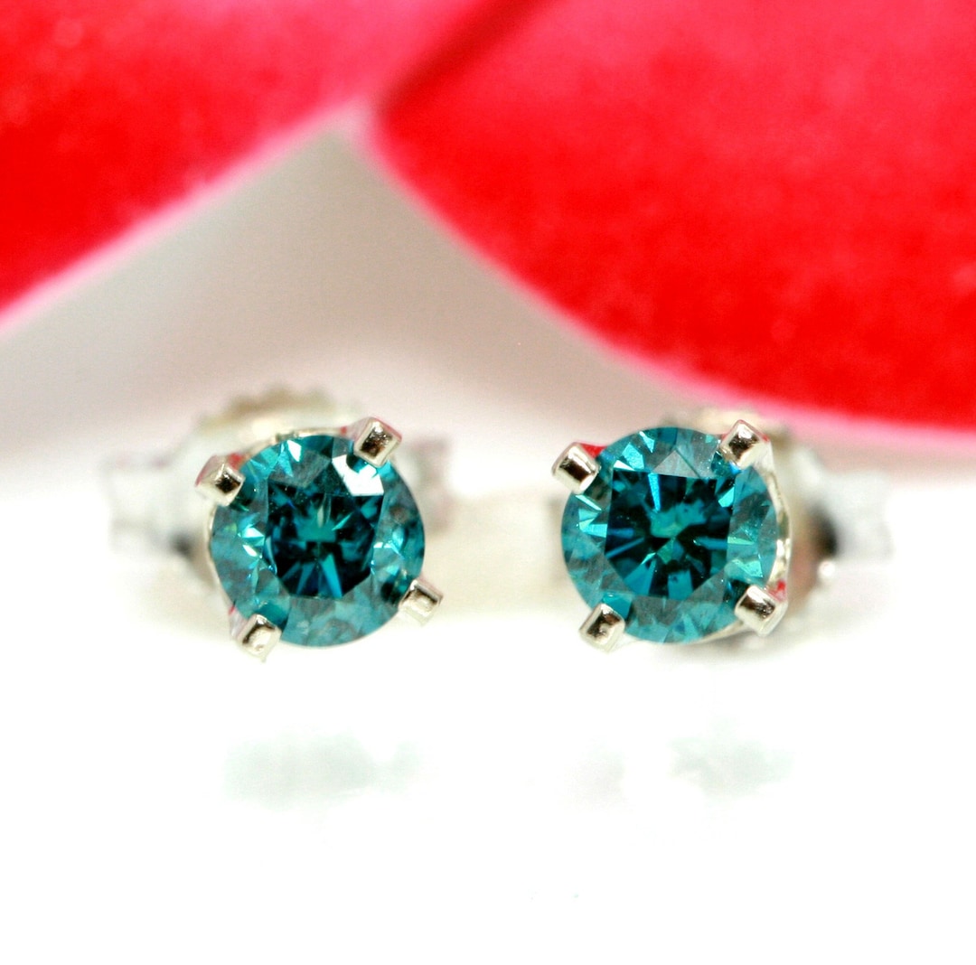 Genuine Natural Blue Diamond 14K Solid White Gold Stud Earrings ...