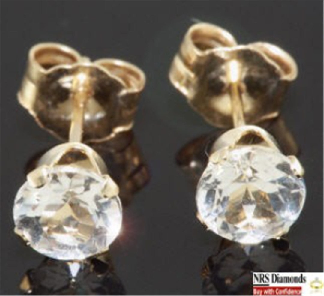 Genuine Natural VS White Topaz 14K Solid Yellow Gold Stud Earrings ...