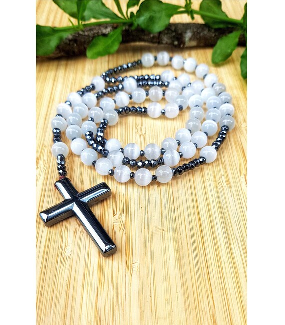 Natural Selenite Beads Cross Necklace Pendant Hematite. Christian Catholic Rosary. Religious Prayer Beads. Crucifix. Mens Necklace Jewelry Etsy