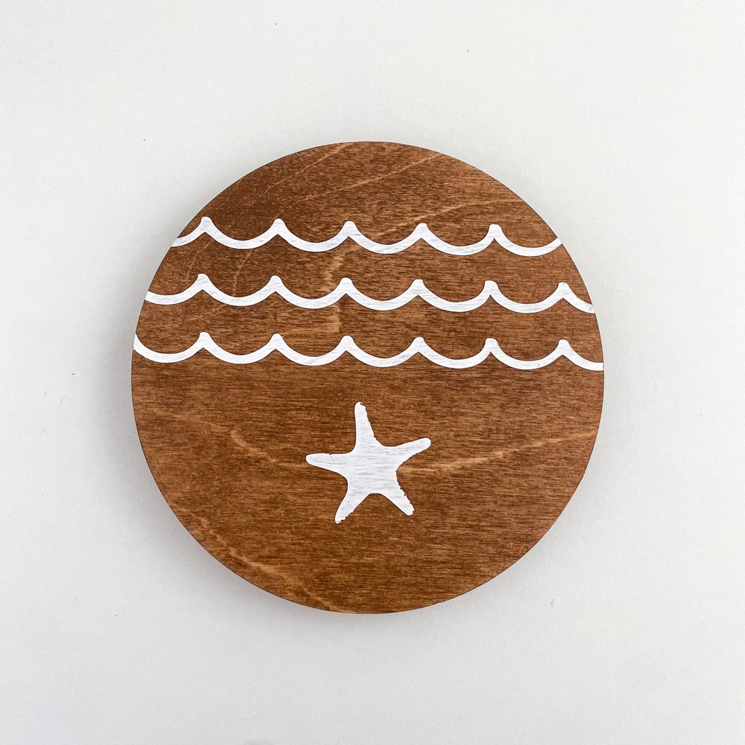 Wave Coaster With Starfish | Hand Painted Wooden Coaster With Full Cork ...