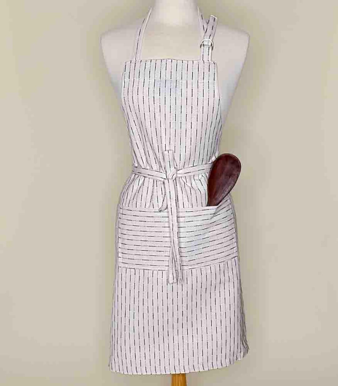 Women’s Kitchen Apron, Running Stitch - Black on White. Chef’s Apron ...