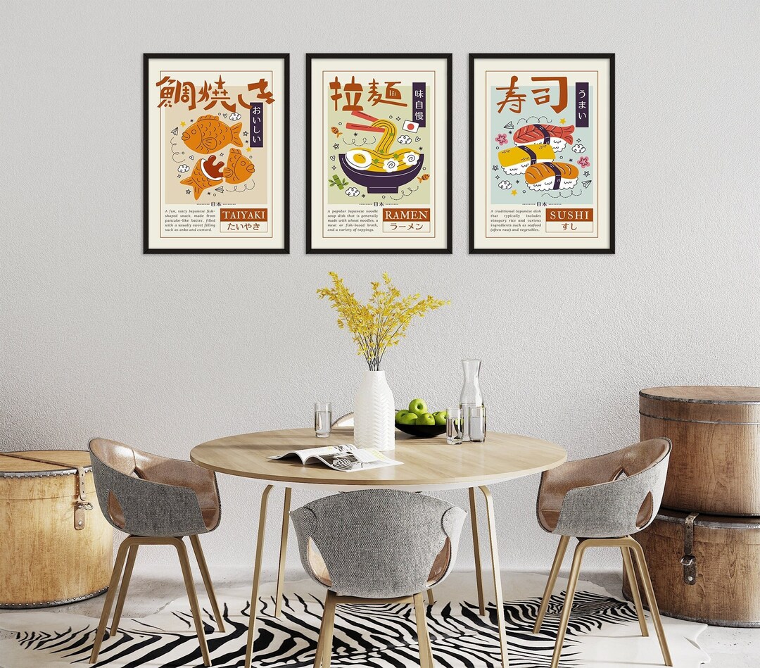 Set of 3 Cute Japanese Food Poster Printable | Ramen Taiyaki Sushi ...