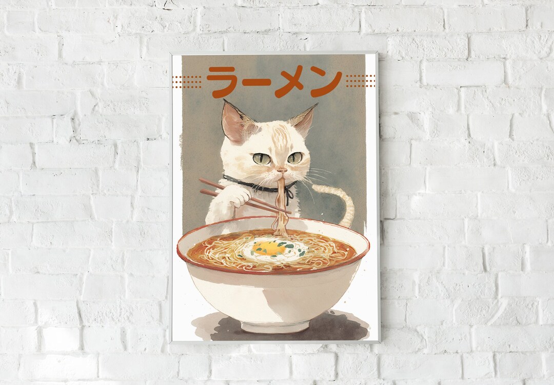 Cute Cat Eating Ramen Poster Printable Japanese Food Wall - Etsy