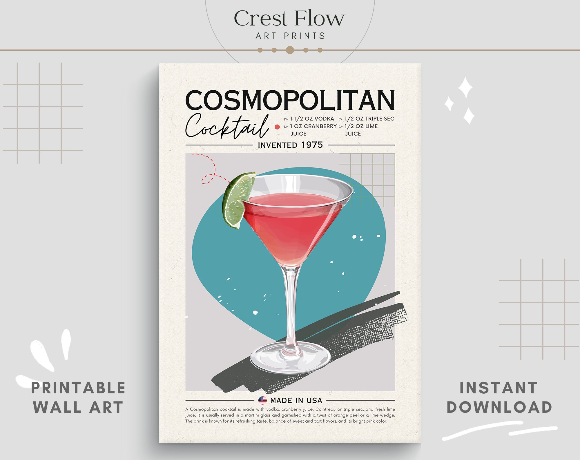 Cosmopolitan Poster Printable | Cocktail Drink Minimalist Wall Art ...