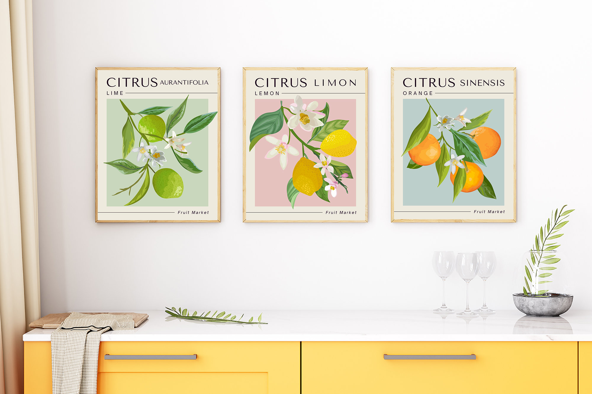 Set of 3 Citrus Fruits Poster Printable Lemon Orange Lime Minimalist ...