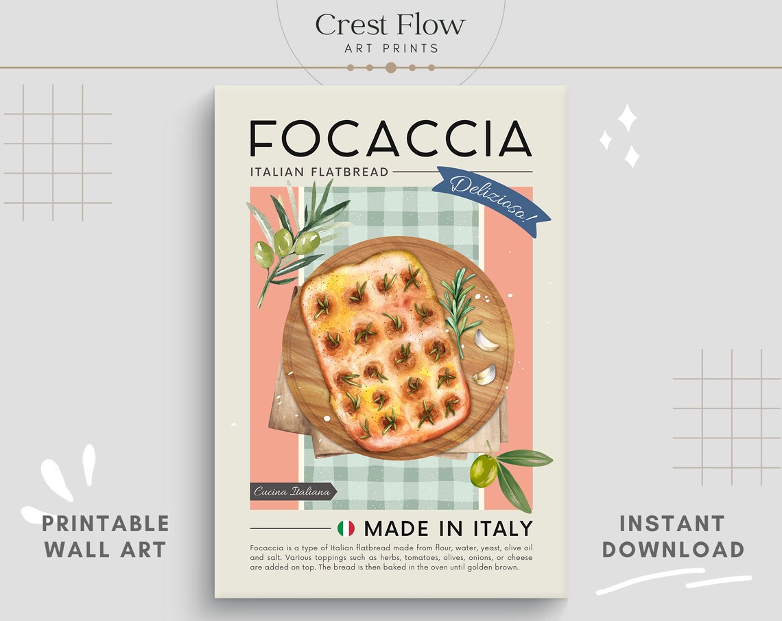 Focaccia Poster Printable Italian Flatbread Minimalist Digital Print ...